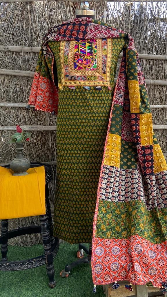 Ajrakh Neck Work Suit With Patch Work Dupatta Catalogue 1