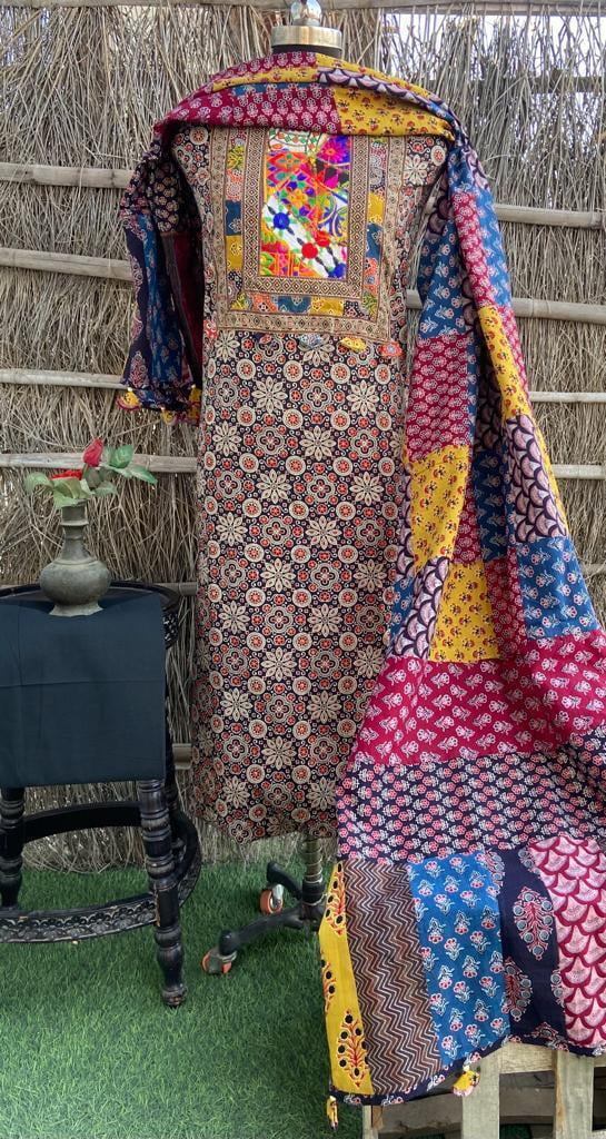 Ajrakh Neck Work Suit With Patch Work Dupatta Catalogue 1