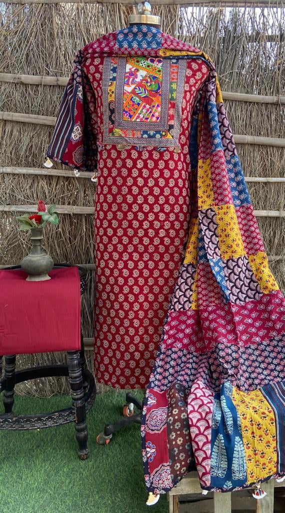 Ajrakh Neck Work Suit With Patch Work Dupatta Catalogue 1